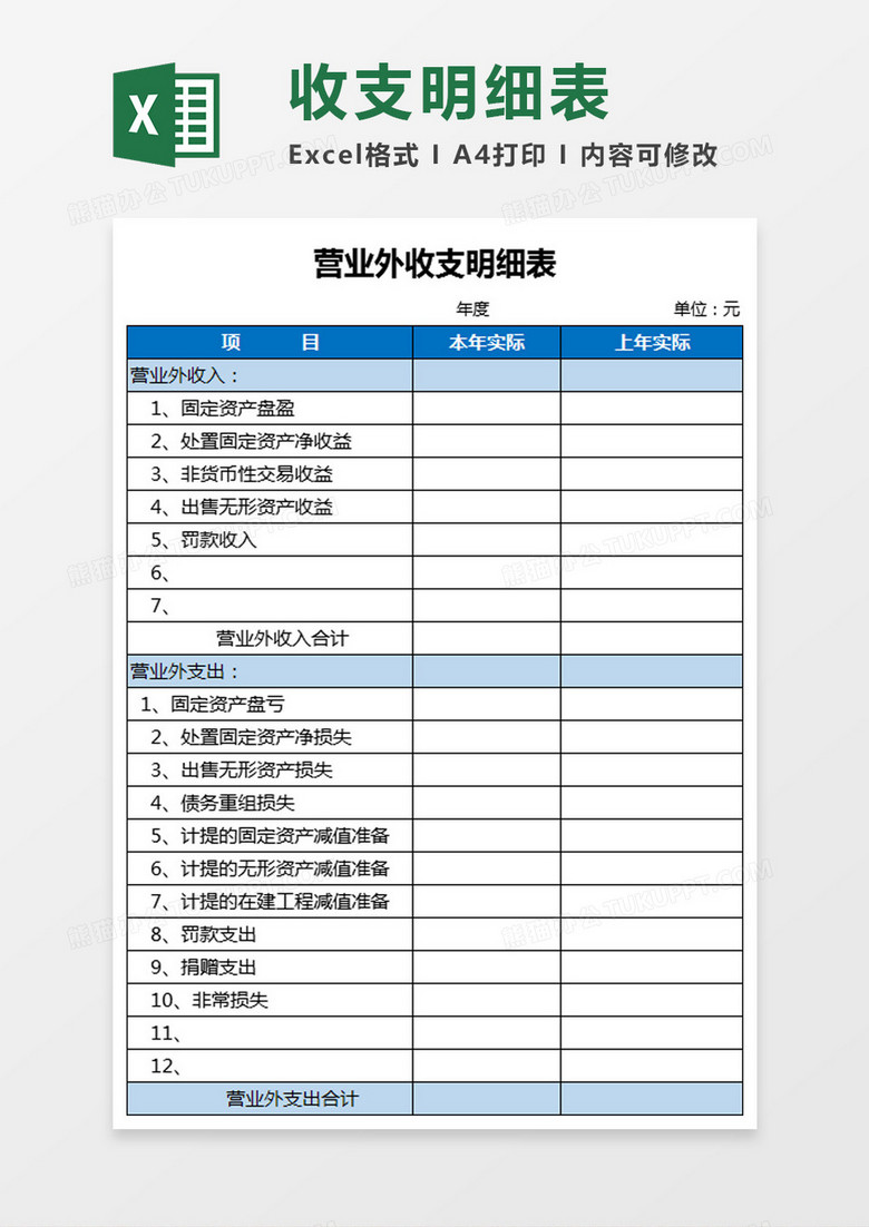 营业外收支明细表Excel模板下载 熊猫办公