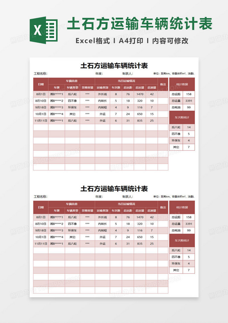 土石方运输车辆统计表Excel模板下载 熊猫办公
