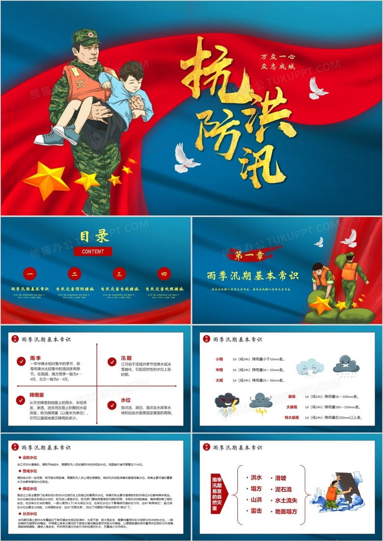 蓝色卡通风防洪防汛安全教育宣传模版PPT模板下载 熊猫办公