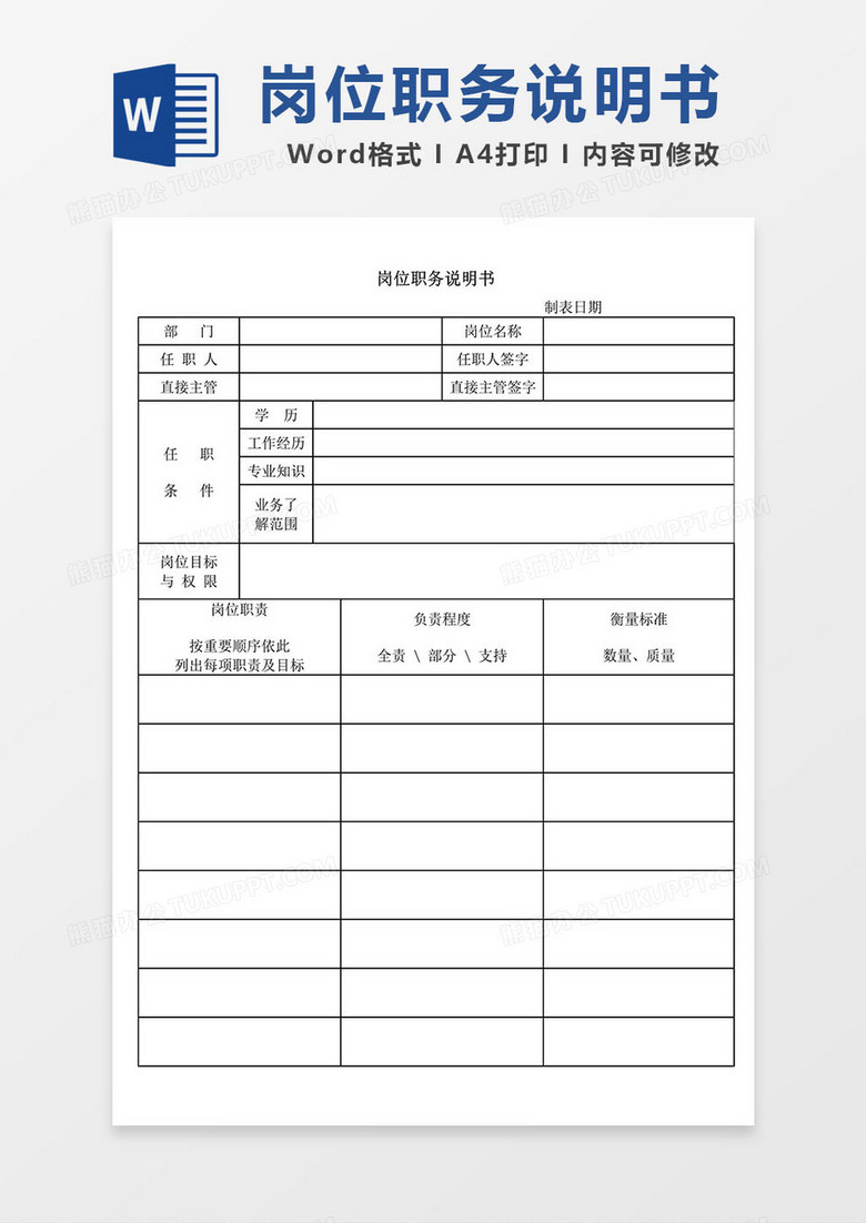 商务岗位职务说明书Word模板下载 熊猫办公