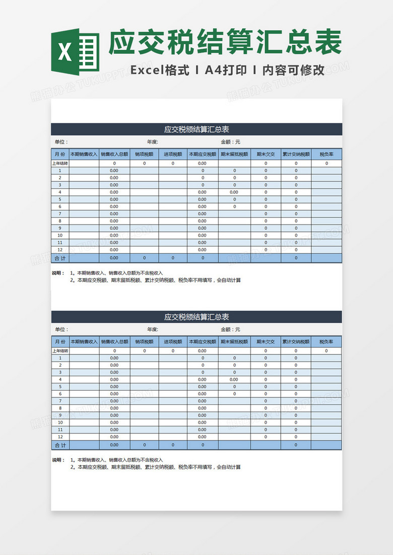 应交税额结算汇总表Excel模板下载 熊猫办公