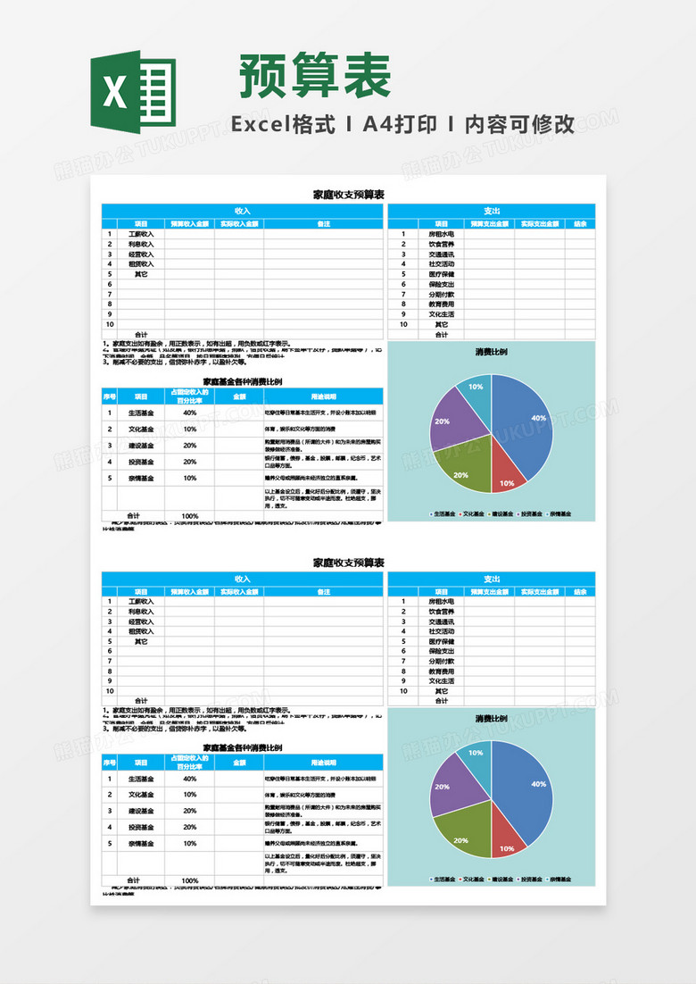 家庭收支预算表Excel模板下载 熊猫办公