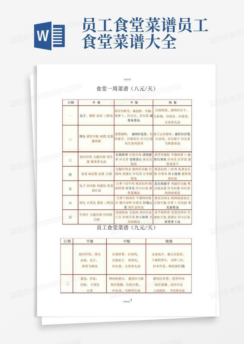 员工食堂菜谱 员工食堂菜谱大全Word模板下载 编号qrwgnarb 熊猫办公