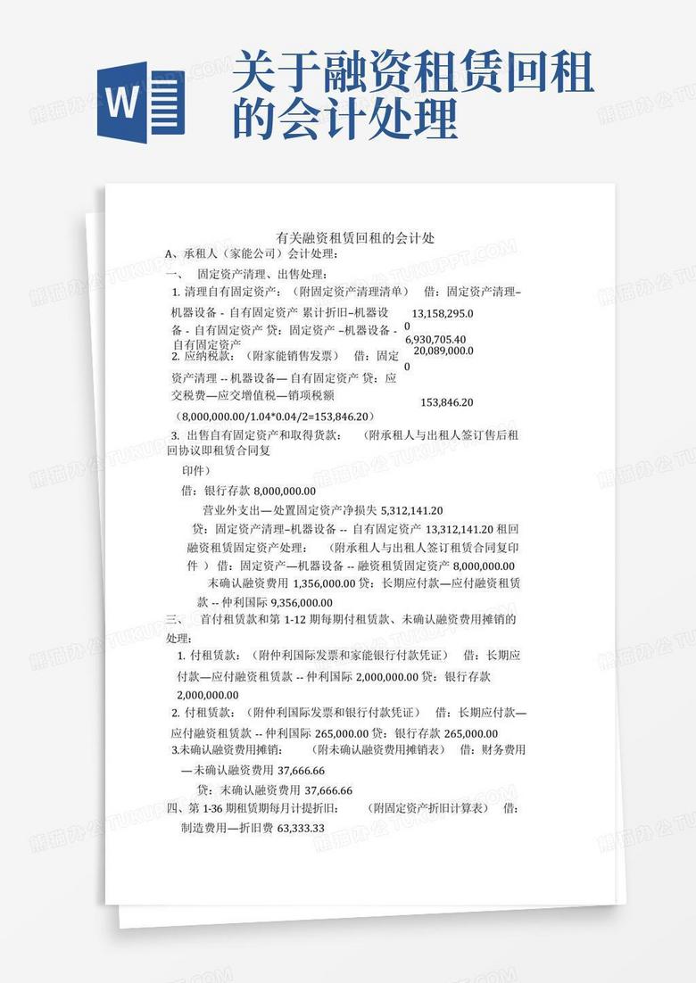 关于融资租赁回租的会计处理Word模板下载 编号lxvnkxeg 熊猫办公