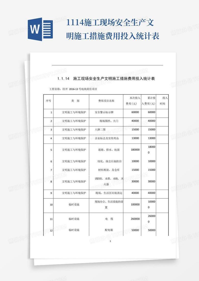 1 1 14施工现场安全生产文明施工措施费用投入统计表Word模板下载 编号lnxvegap 熊猫办公