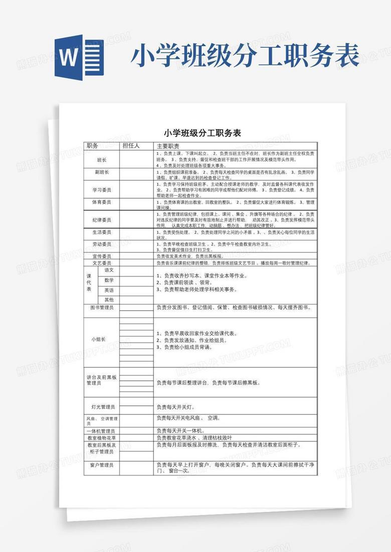 小学班级分工职务表Word模板下载 编号qdbneaxz 熊猫办公