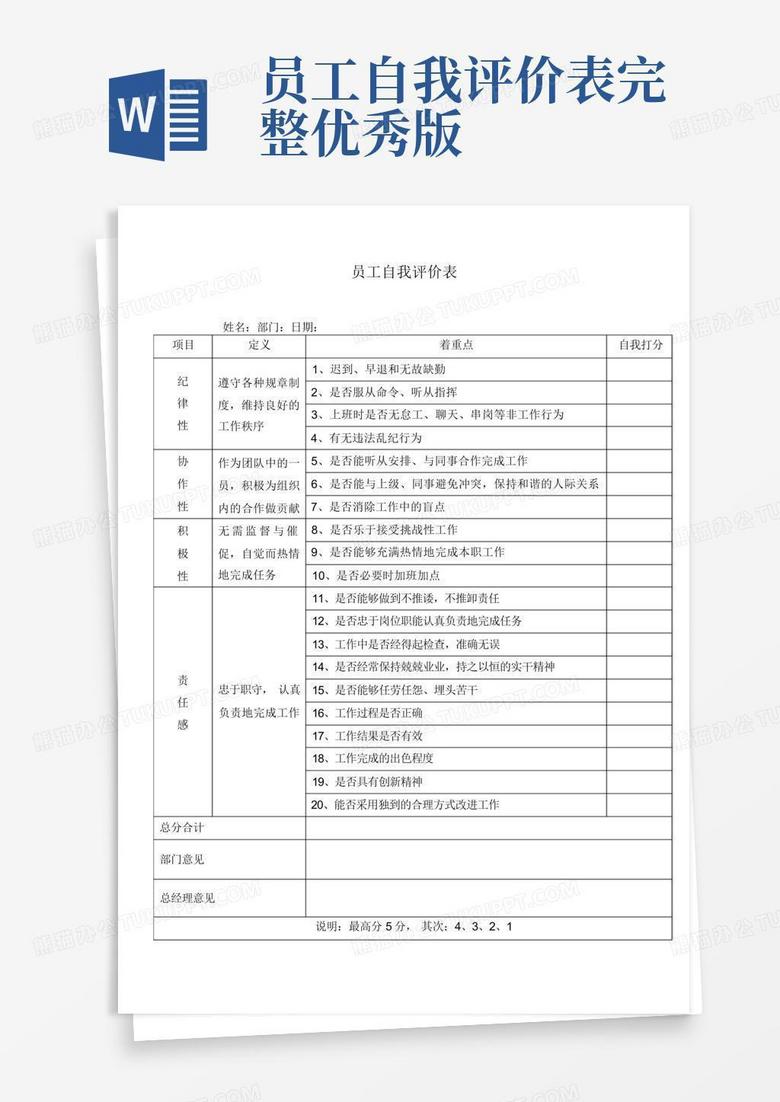 员工自我评价表完整优秀版Word模板下载 编号qanwkkwm 熊猫办公