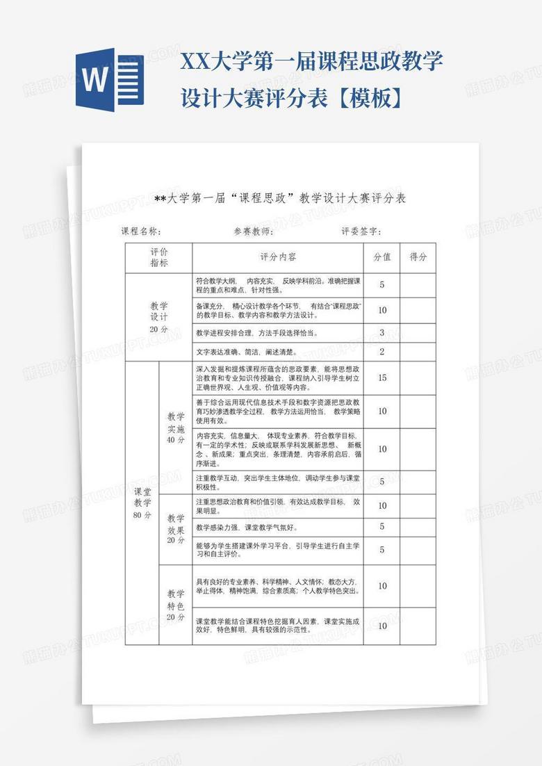 xx大学第一届课程思政教学设计大赛评分表Word模板下载 编号qywzkybj 熊猫办公