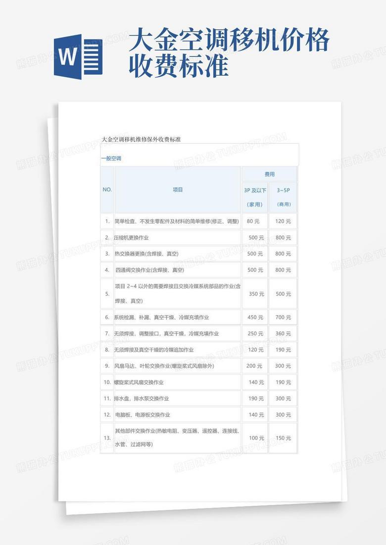 大金空调移机价格收费标准Word模板下载 编号qxvdjgwa 熊猫办公