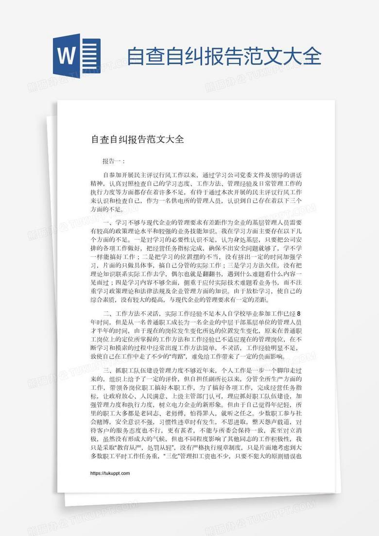 自查自纠报告范文大全Word模板下载 熊猫办公