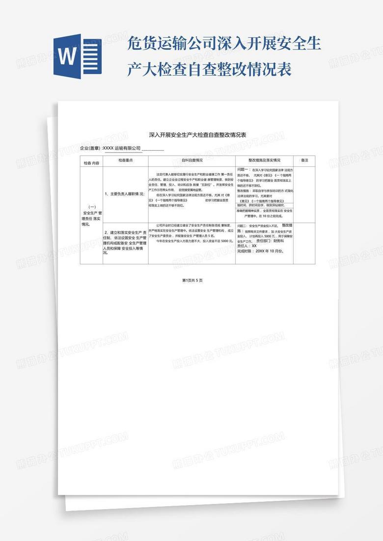 危货运输公司深入开展安全生产大检查自查整改情况表Word模板下载 编号qzvanzvx 熊猫办公