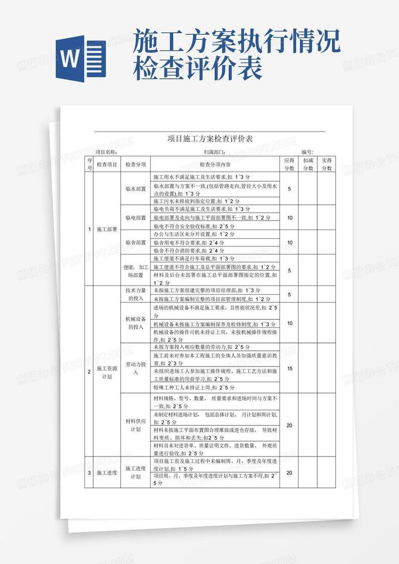 施工方案执行情况检查评价表Word模板下载 编号qrwxpapk 熊猫办公