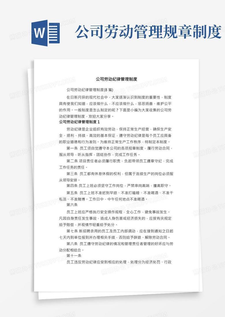 公司劳动纪律管理制度8篇Word模板下载 熊猫办公