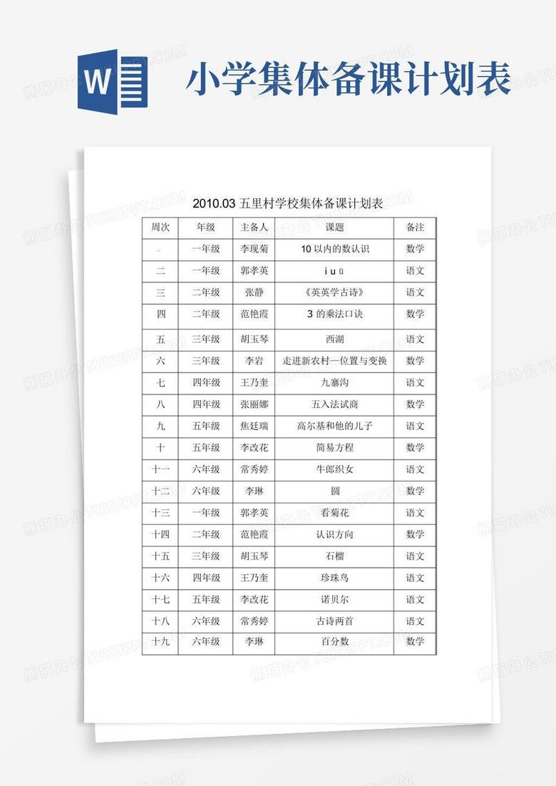 小学集体备课计划表 Word模板下载 编号qbzdmxap 熊猫办公