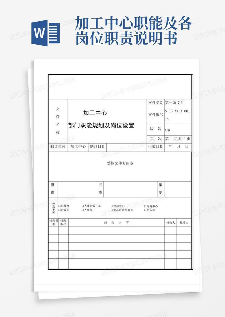 加工中心职能及各岗位职责说明书 Word模板下载 编号lekokawm 熊猫办公