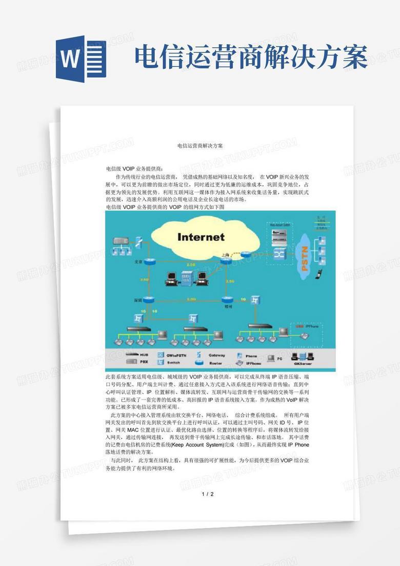 电信运营商解决方案Word模板下载 编号qkdjwvxp 熊猫办公