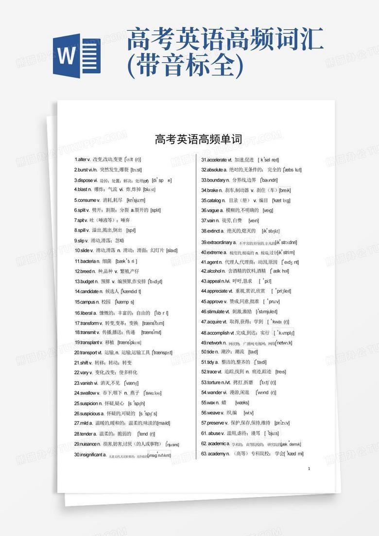高考英语高频词汇 带音标全 Word模板下载 编号ldbgyoxa 熊猫办公