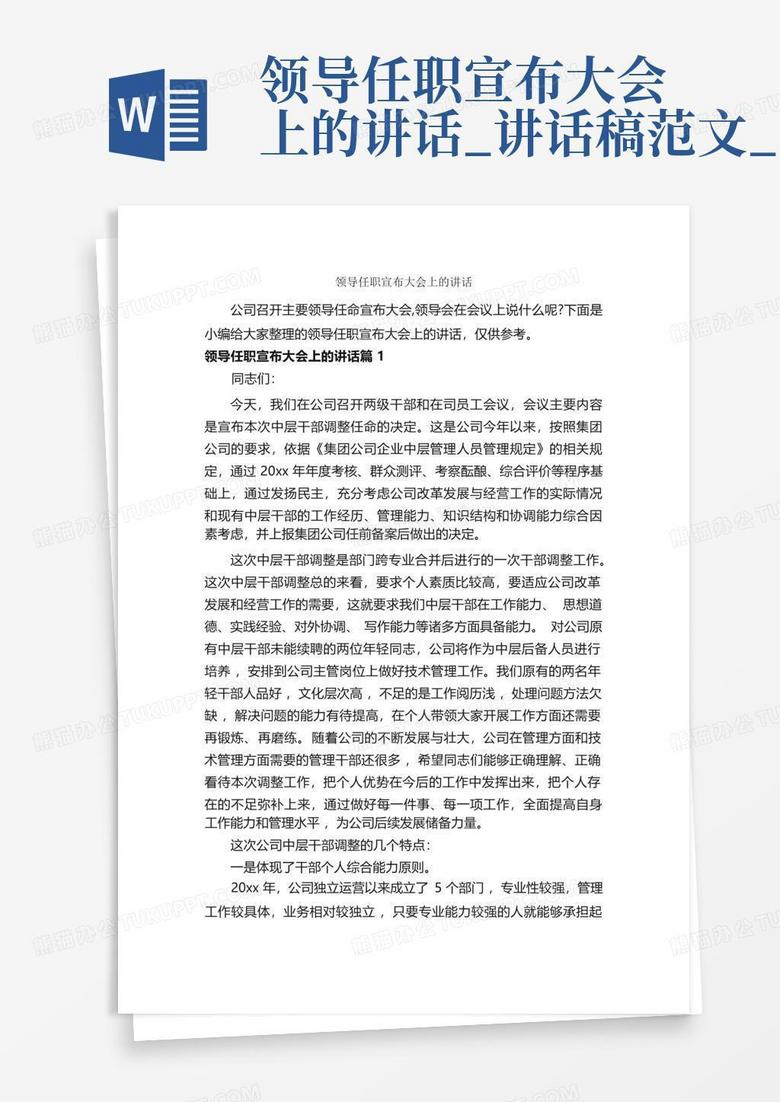 领导任职宣布大会上的讲话 讲话稿范文 Word模板下载 编号lvwmmmwe 熊猫办公
