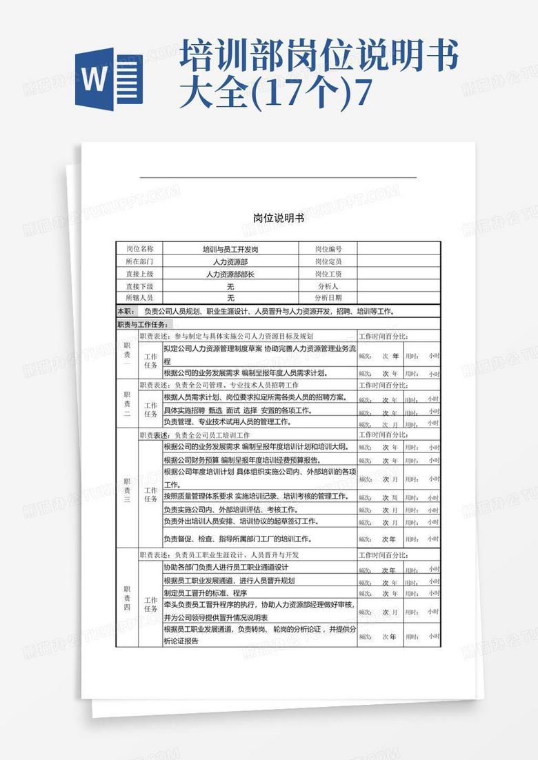 培训部岗位说明书大全 17个 7Word模板下载 编号qbzdroag 熊猫办公