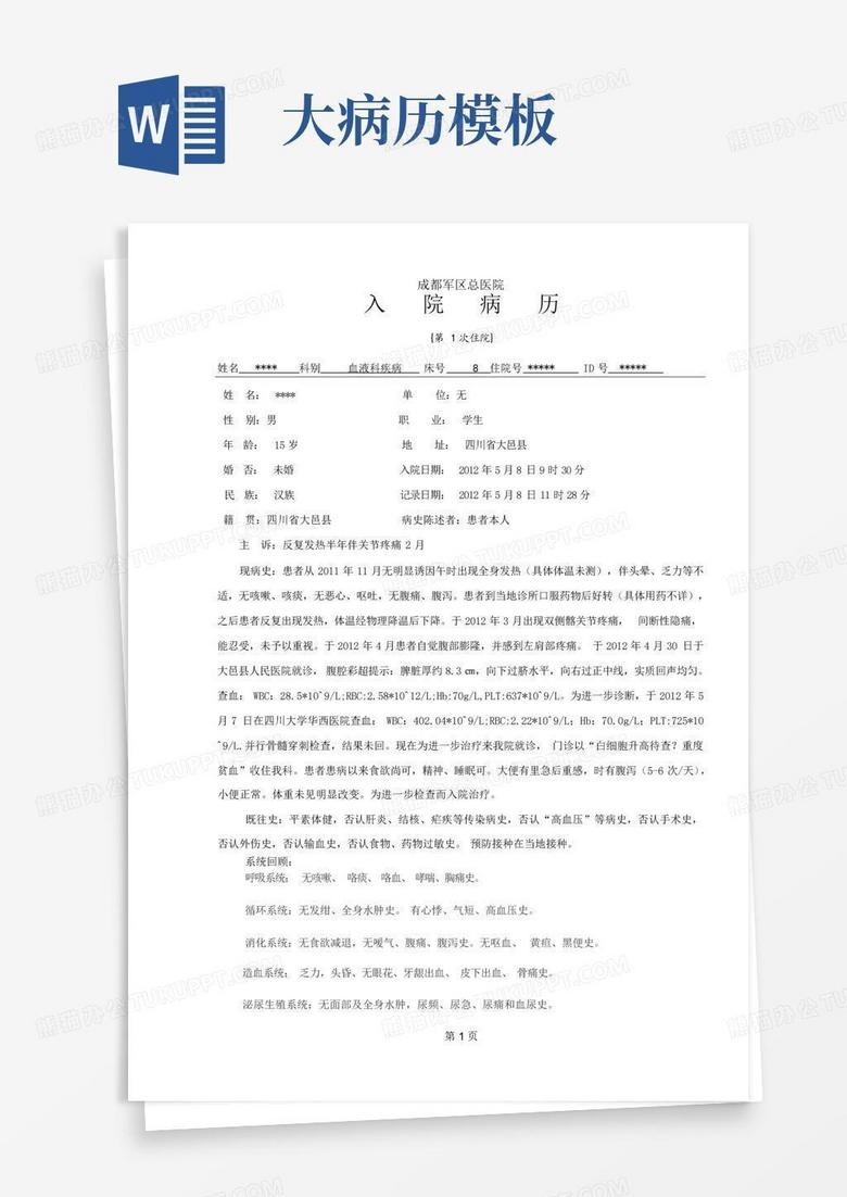 大病历Word模板下载 编号qvwpgvdm 熊猫办公