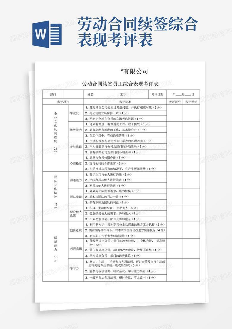 劳动合同续签综合表现考评表Word模板下载 编号qbzrdxgx 熊猫办公