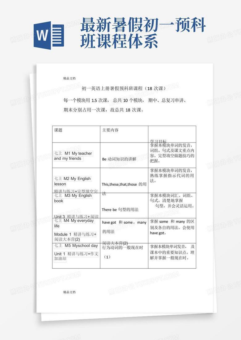 最新暑假初一预科班课程体系Word模板下载 编号qwejvggk 熊猫办公