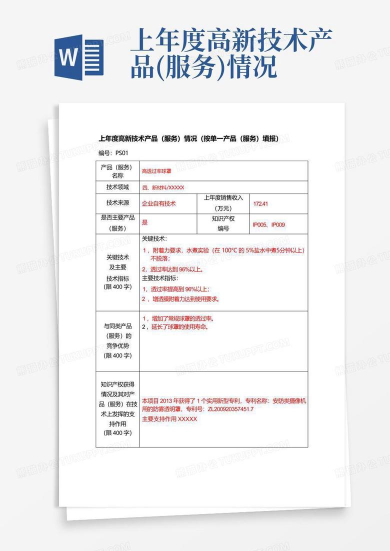 上年度高新技术产品 服务 情况Word模板下载 编号ldbapjmp 熊猫办公