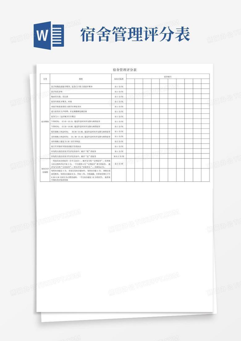 宿舍管理评分表Word模板下载 编号qwedkvbj 熊猫办公