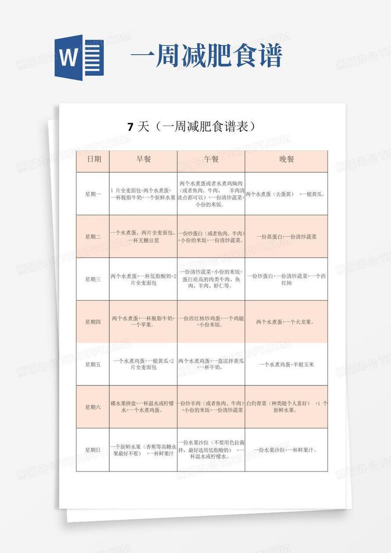 一周减肥食谱Word模板下载 编号lweonzxp 熊猫办公