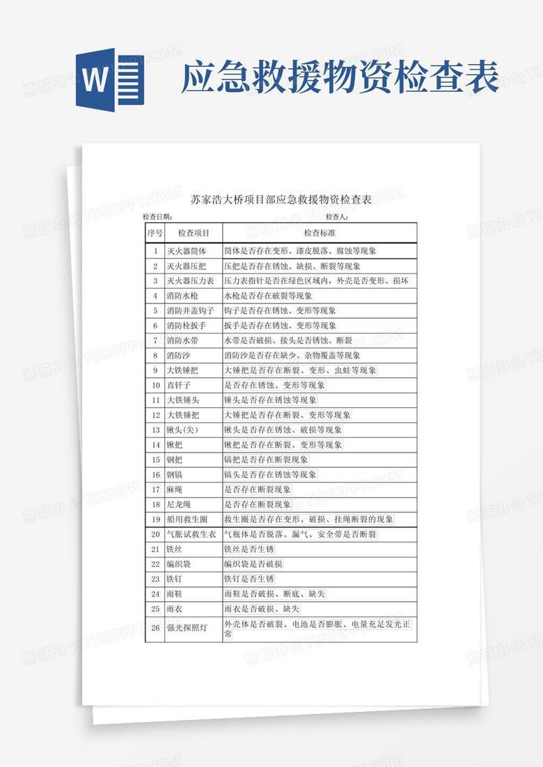 应急救援物资检查表Word模板下载 编号lanovxjv 熊猫办公