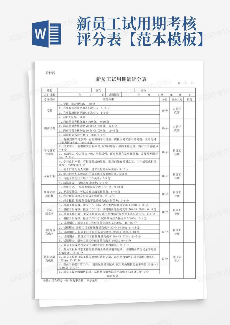 新员工试用期考核评分表范本Word模板下载 编号qekagorw 熊猫办公