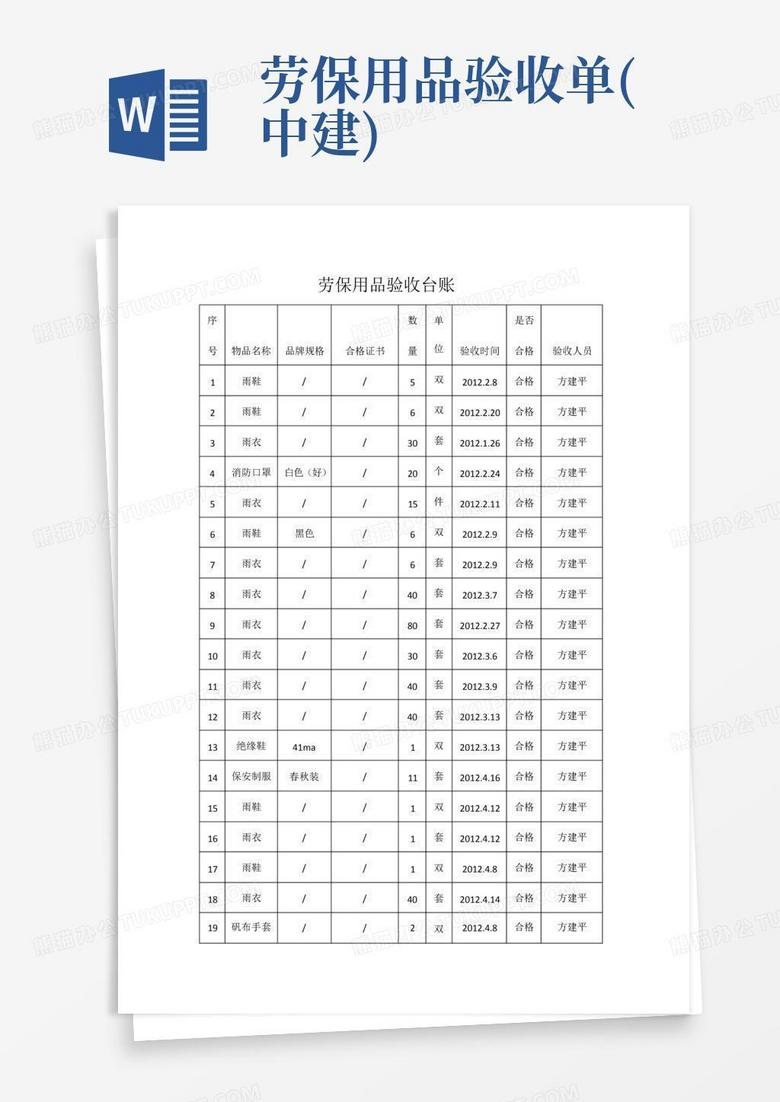 劳保用品验收单 中建 Word模板下载 编号qdbxbkap 熊猫办公