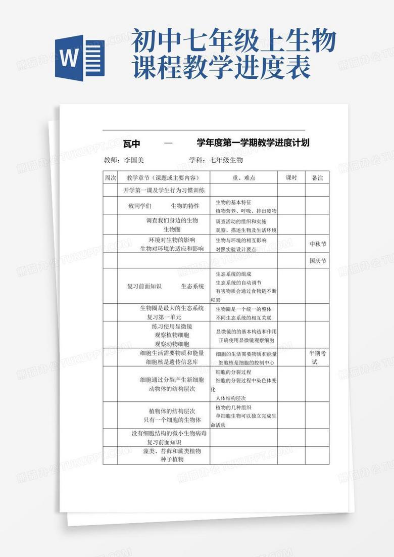 初中七年级上生物课程教学进度表 Word模板下载 编号lmkpmzxn 熊猫办公