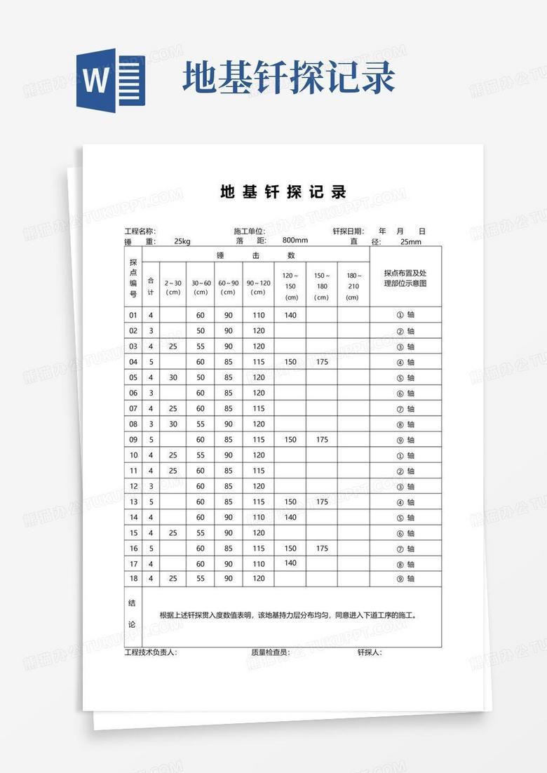 地基钎探记录Word模板下载 编号lywrdgmb 熊猫办公