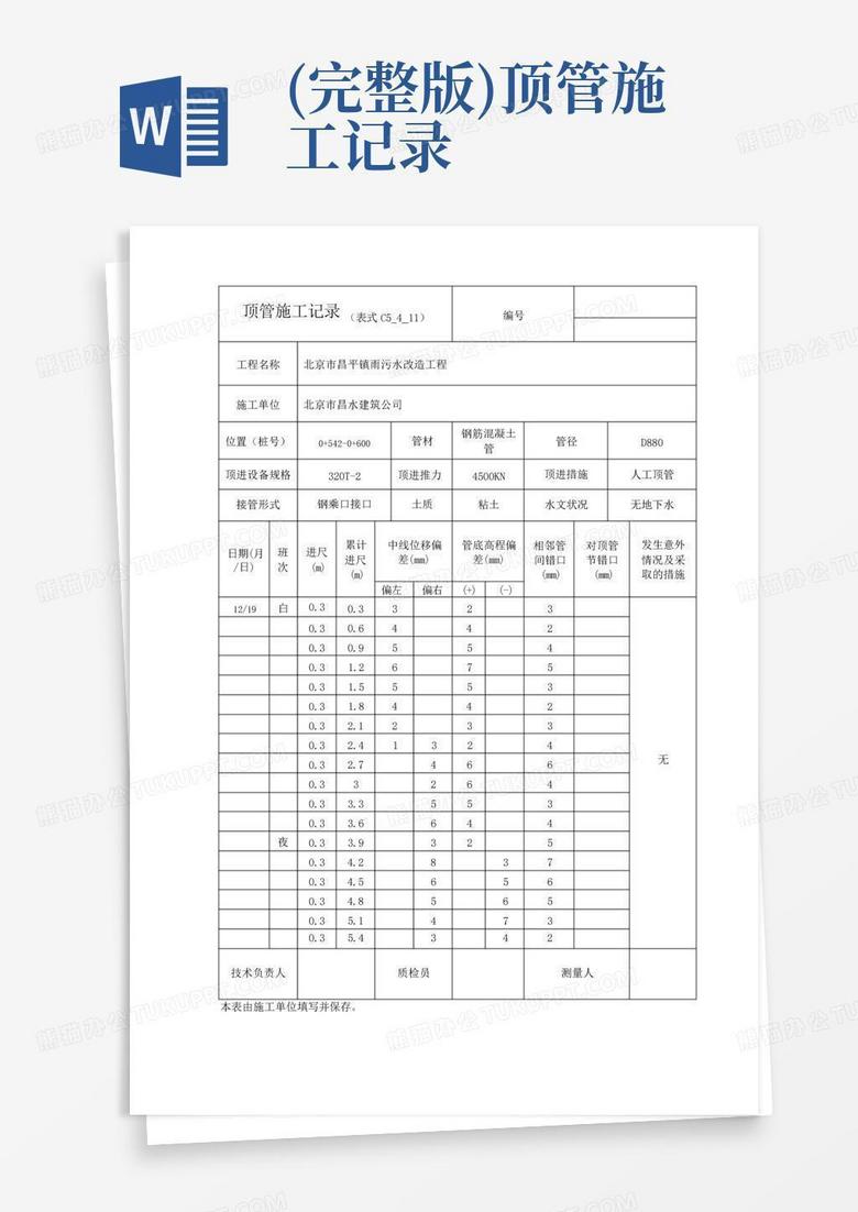 完整版 顶管施工记录Word模板下载 编号lwexokmv 熊猫办公