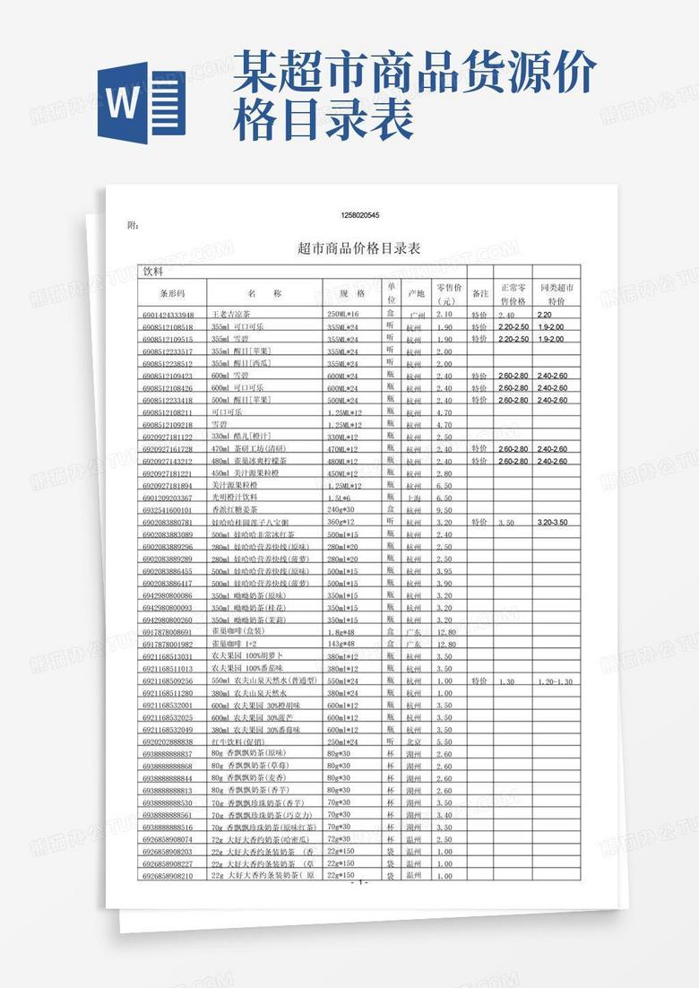 某超市商品货源价格目录表Word模板下载 编号lzwraxed 熊猫办公