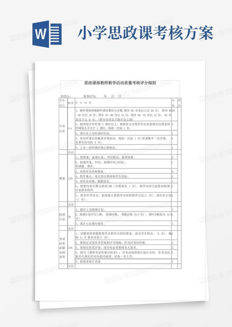 思政课评分细则Word模板下载 编号qwdxnwal 熊猫办公