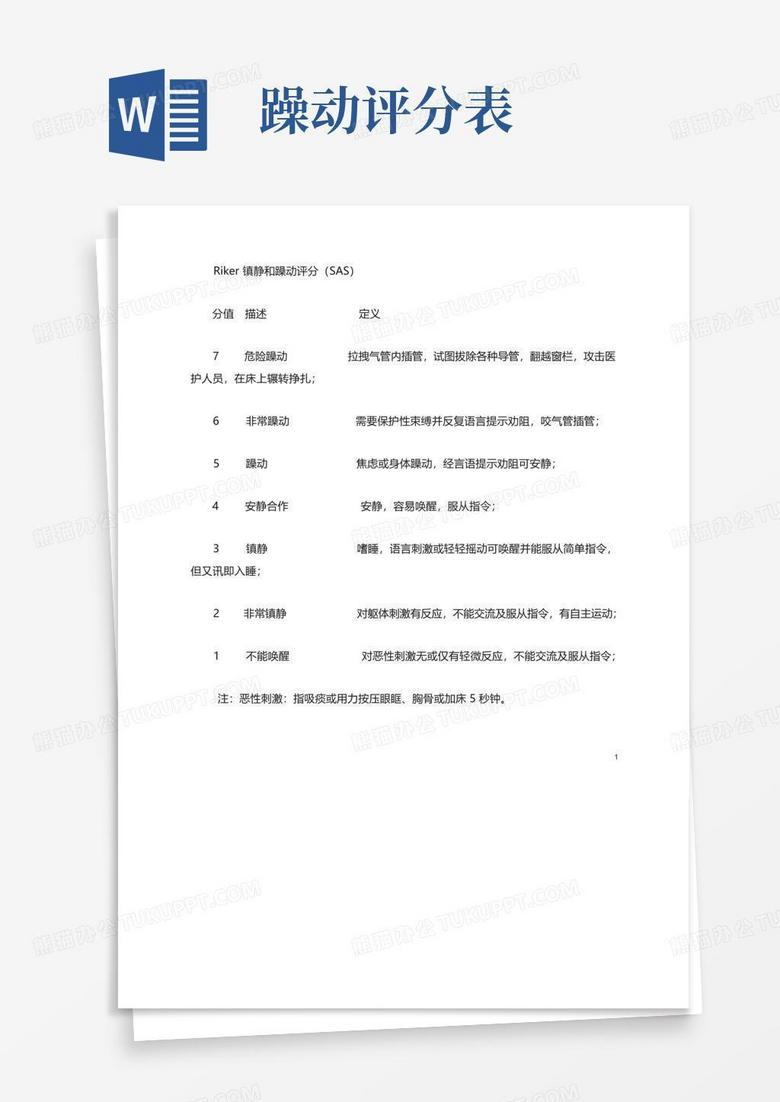 躁动评分表Word模板下载 编号lmkwbbgk 熊猫办公