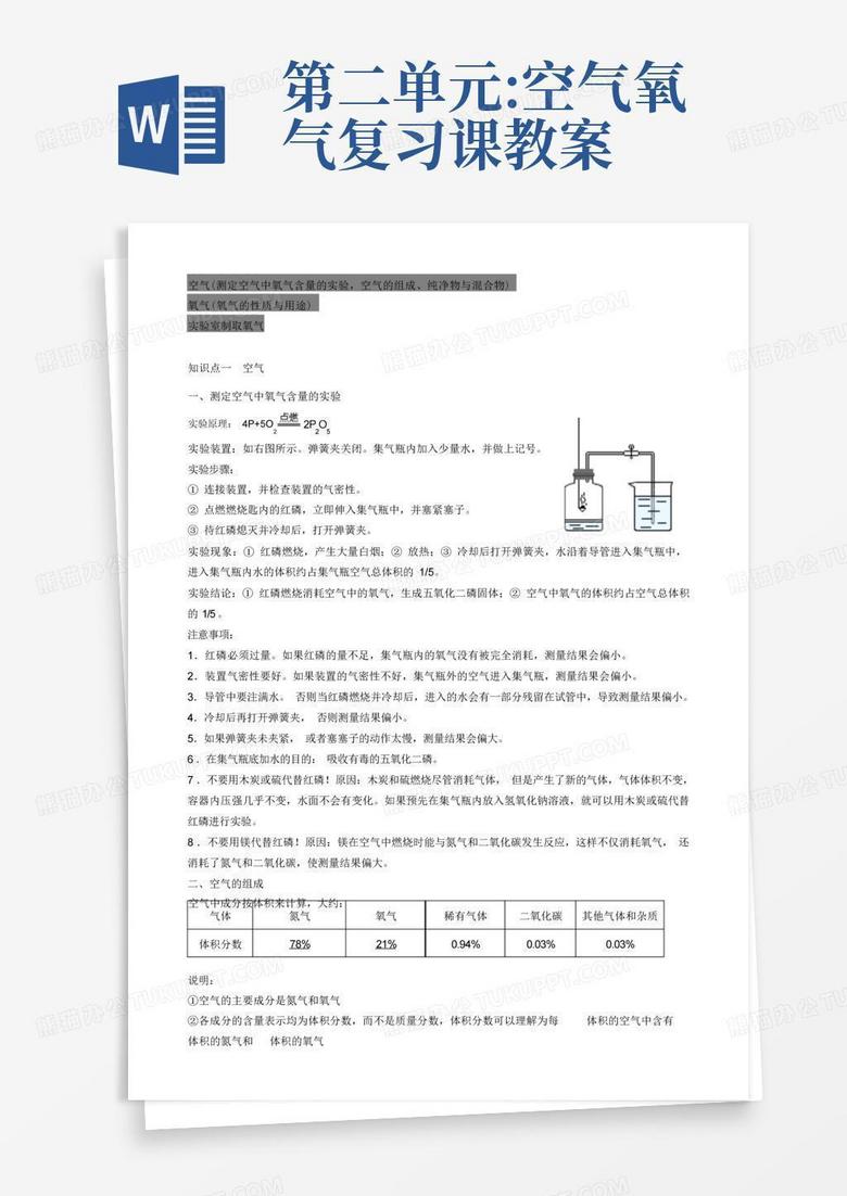 第二单元 空气氧气复习课教案 Word模板下载 编号ldbdxbpa 熊猫办公