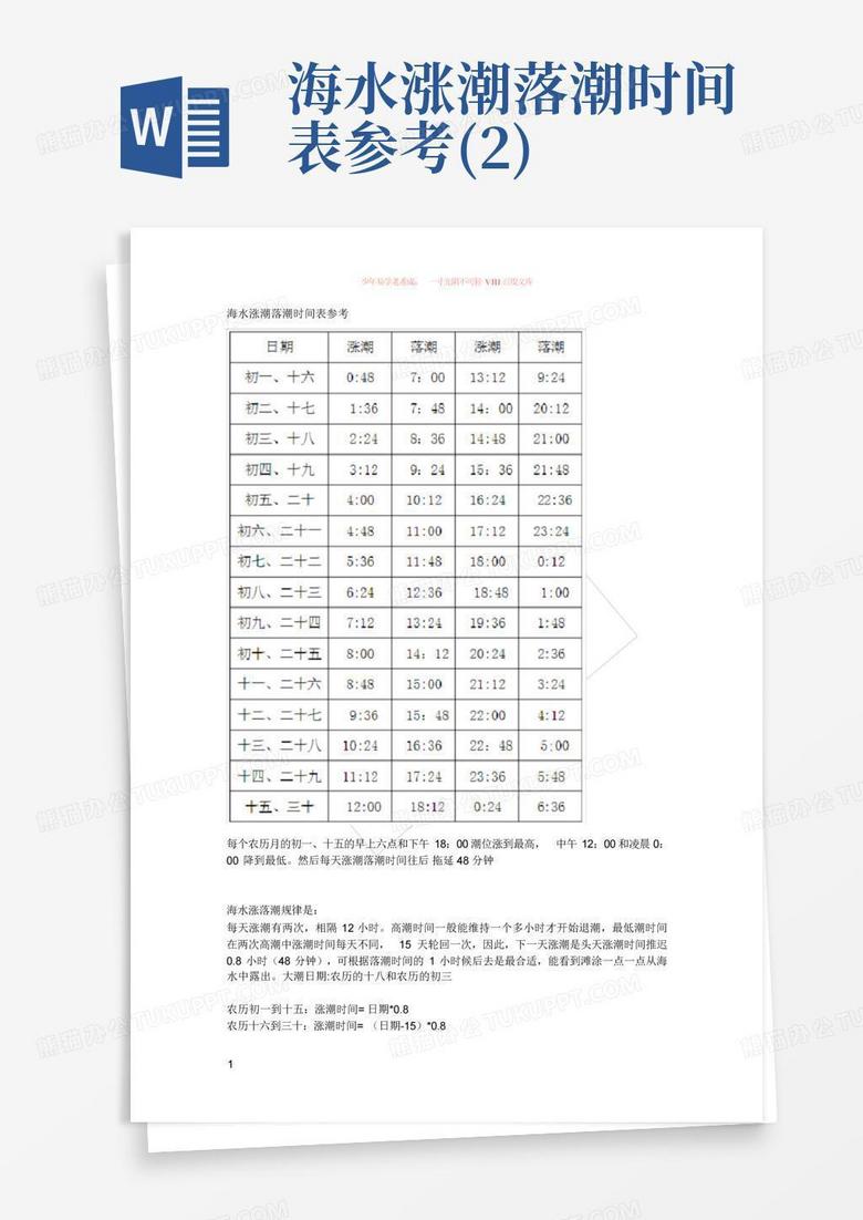 海水涨潮落潮时间表参考 2 Word模板下载 编号lmkwjazd 熊猫办公