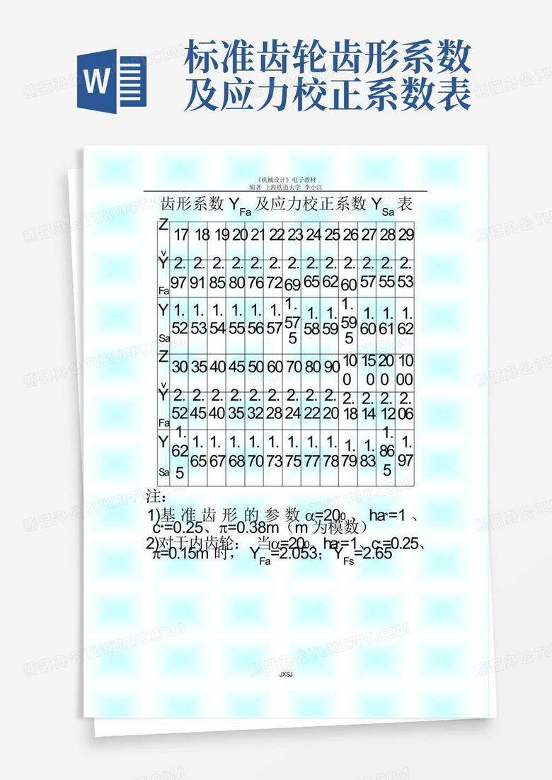 标准齿轮齿形系数及应力校正系数表Word模板下载 编号qkdgmrka 熊猫办公