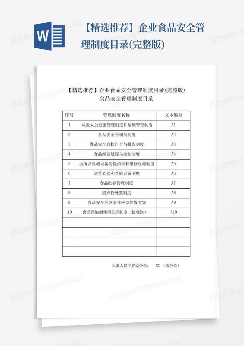 精选推荐企业食品安全管理制度目录 完整版 Word模板下载 编号qrwzwgwg 熊猫办公