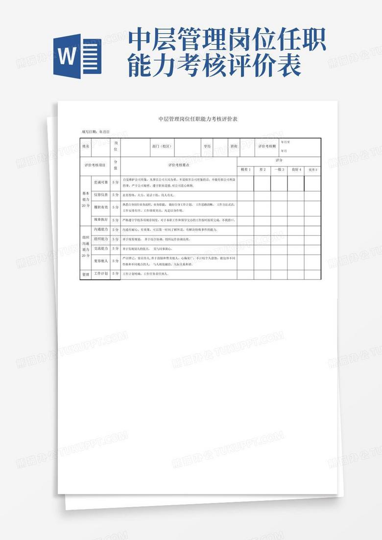 中层管理岗位任职能力考核评价表Word模板下载 编号lrwzvwjm 熊猫办公