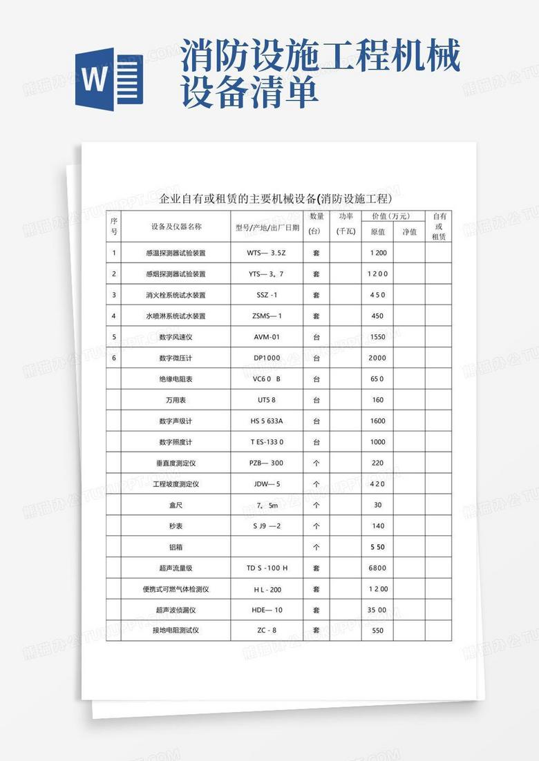 消防设施工程机械设备清单Word模板下载 编号lnxnayna 熊猫办公