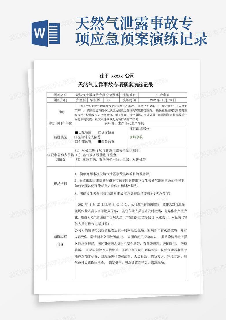 天然气泄露事故专项应急预案演练记录Word模板下载 编号qjzkezza 熊猫办公