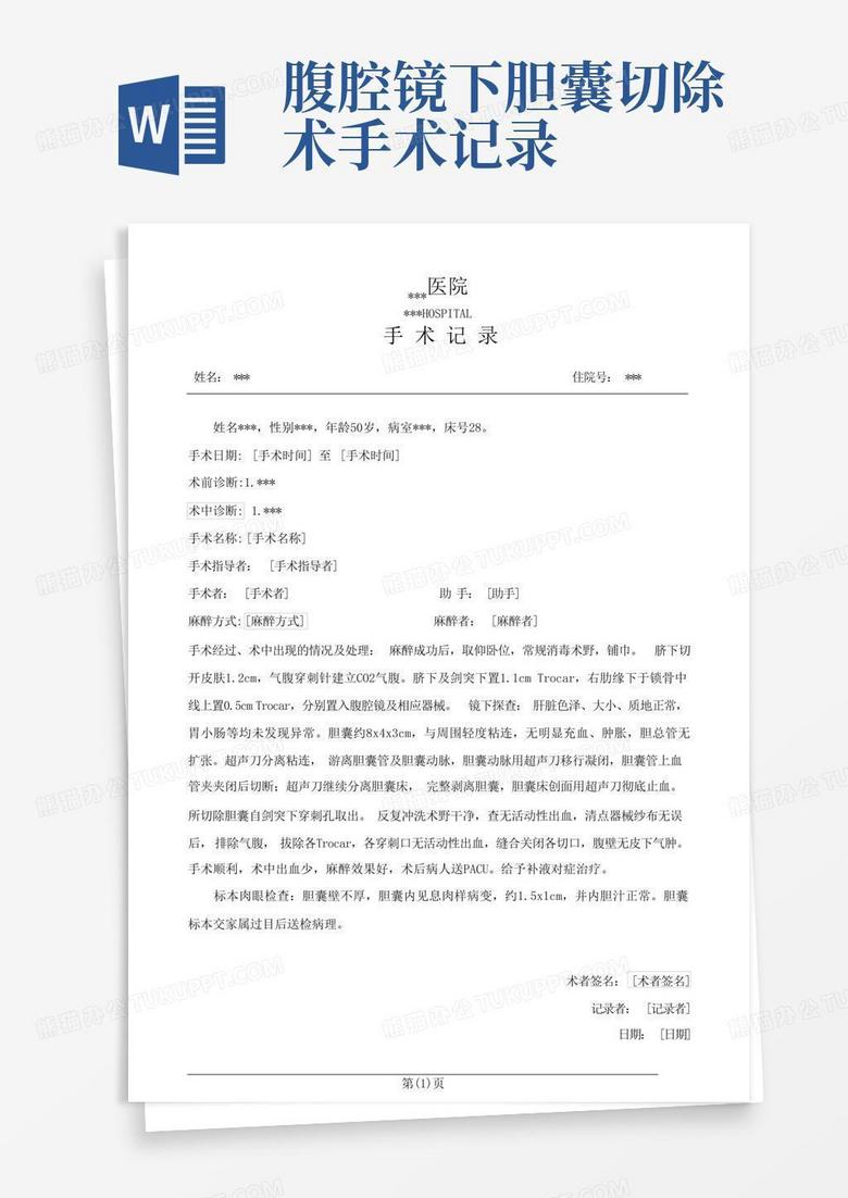 腹腔镜下胆囊切除术手术记录Word模板下载 编号leywkgdo 熊猫办公