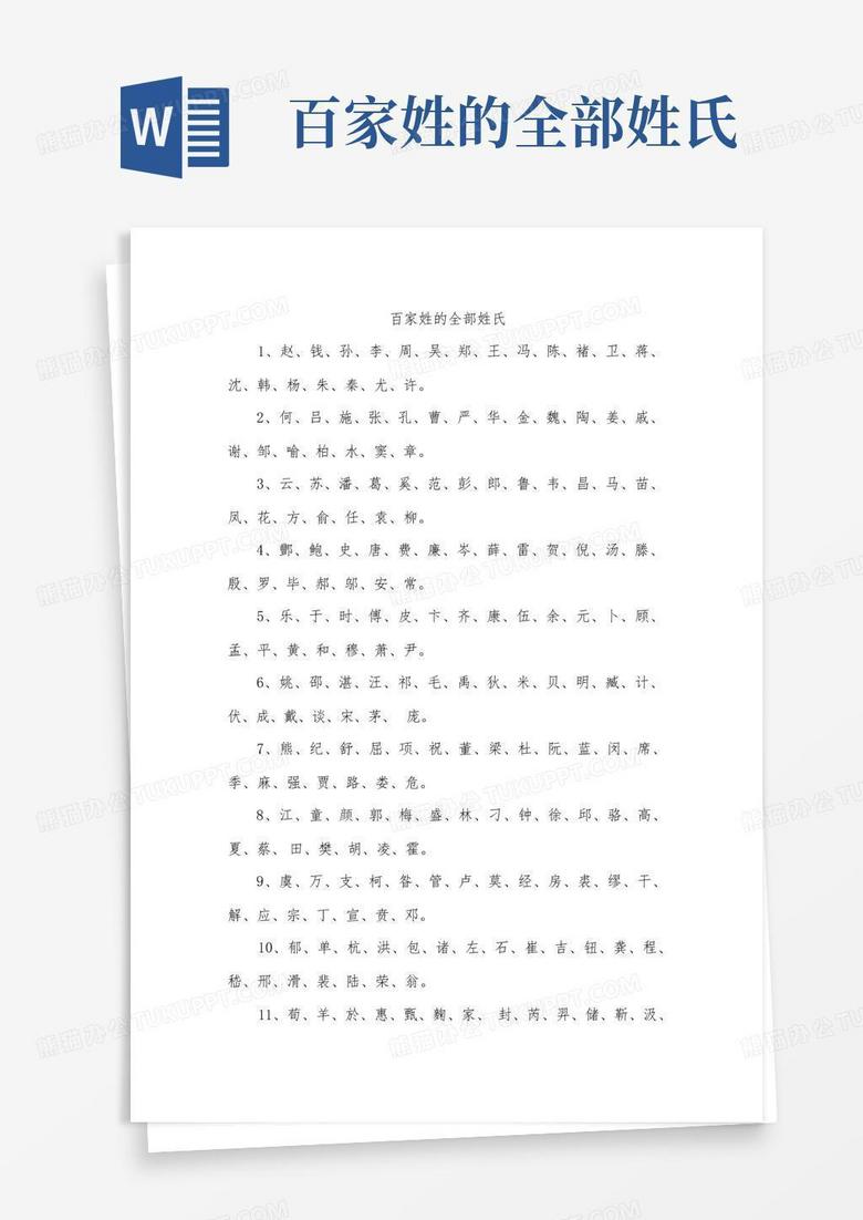 百家姓的全部姓氏Word模板下载 编号qndbdkby 熊猫办公