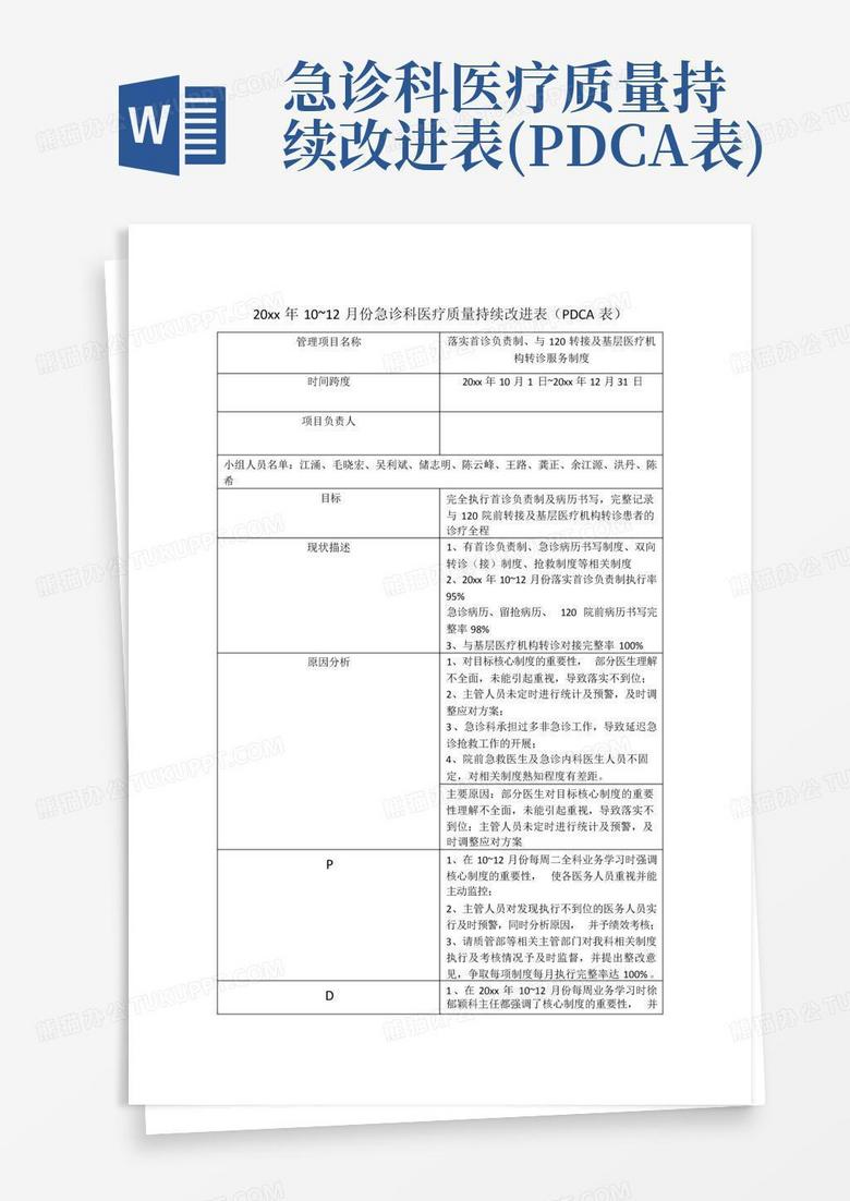 急诊科医疗质量持续改进表 pdca表 Word模板下载 编号lkmbmjoe 熊猫办公