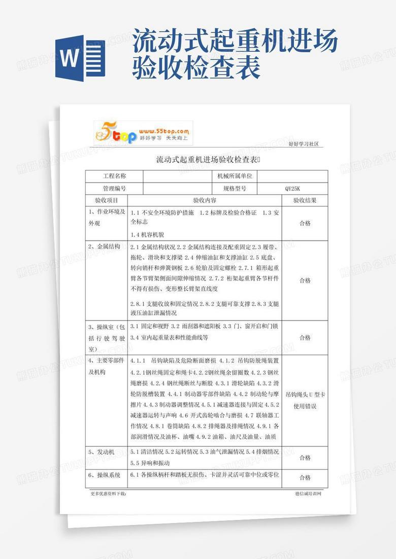 流动式起重机进场验收检查表Word模板下载 编号qgjeyezy 熊猫办公