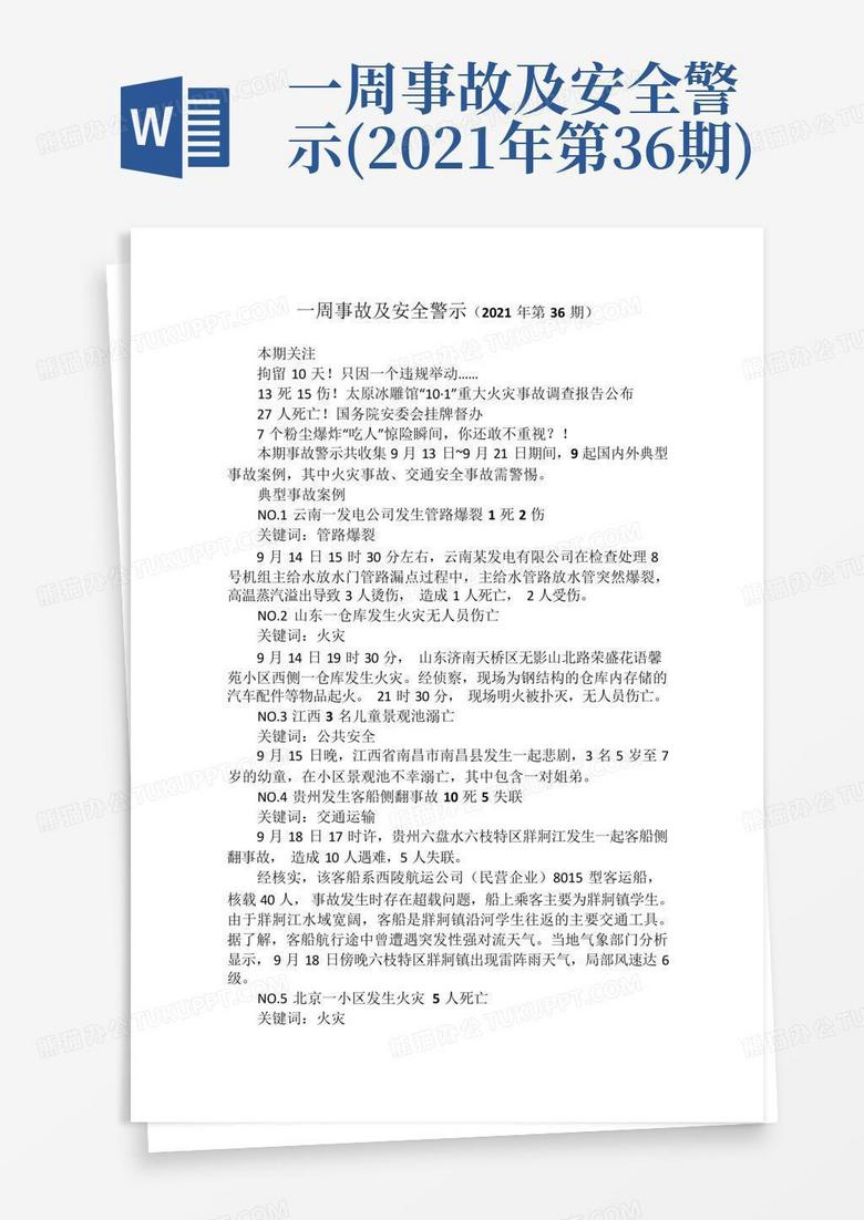 一周事故及安全警示 2021年第36期 Word模板下载 编号lrwyjzrn 熊猫办公